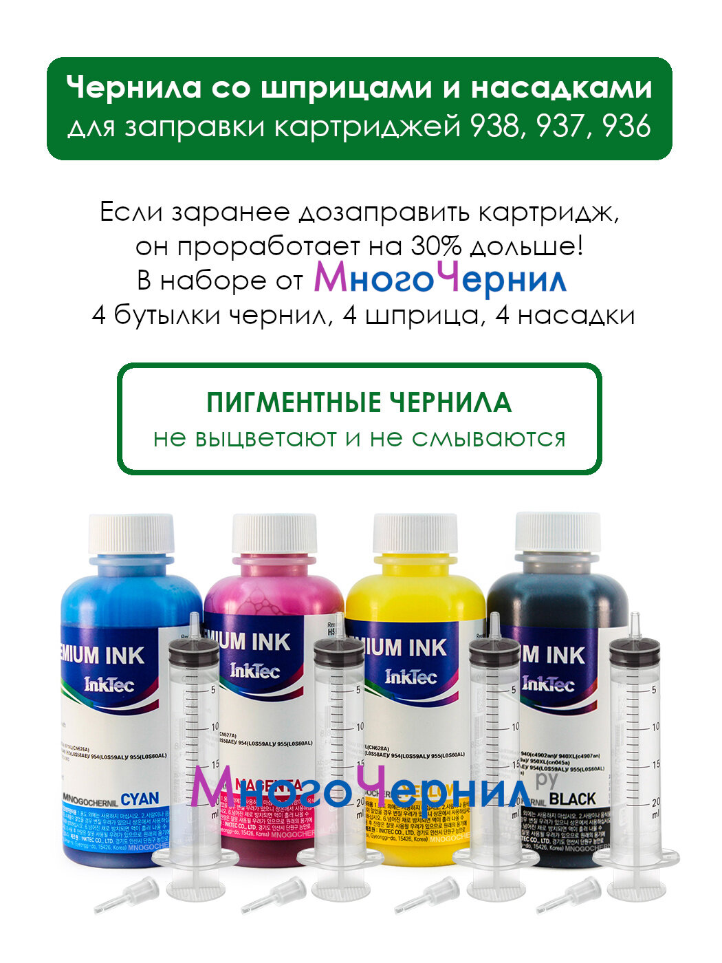 Чернила с насадками и шприцами для заправки HP Officejet 9730, 9720, 9120, 9120e, 9130b, (для картриджей 936, 937, 938),