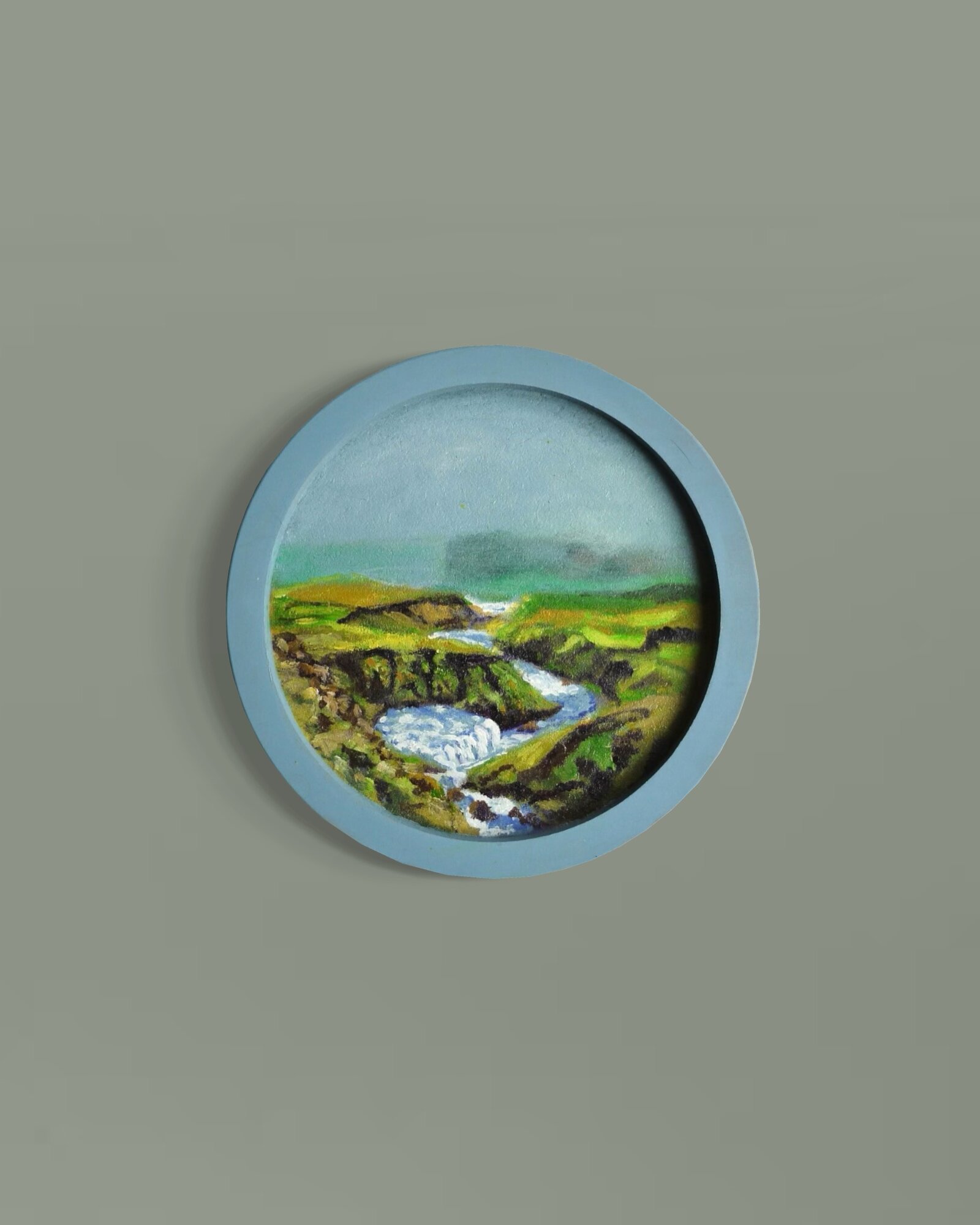 Круглый пейзаж акрилом на артборде, «Туманное утро», d 20 см