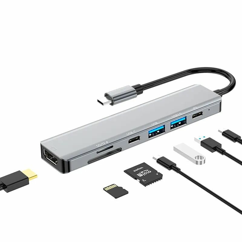 Type-C HUB для MacBook / USB разветвитель / HDMI адаптер / USB HUB 3.0 / USB 3.0, USB 2.0, HDMI, SD, Micro SD