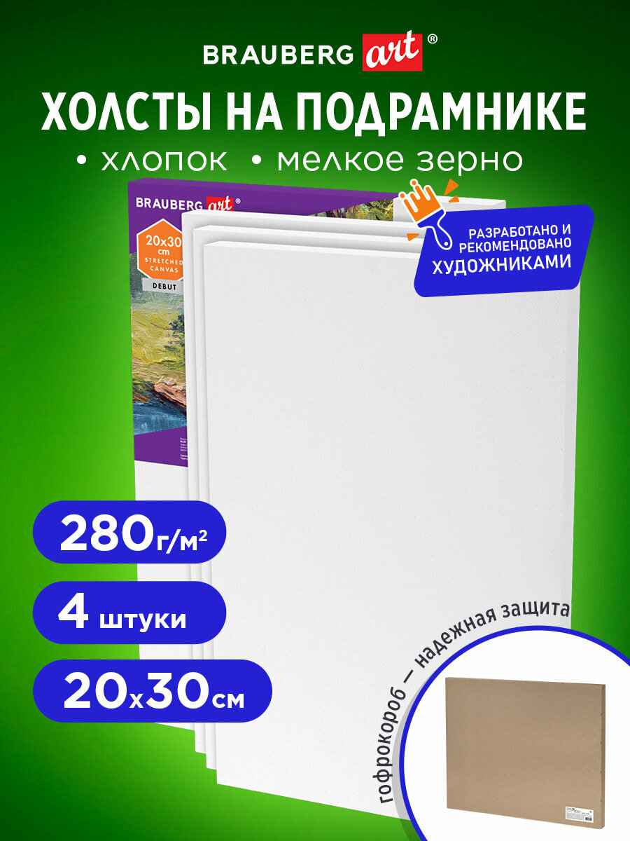 Холсты на подрамнике в коробе, Комплект 4 шт. (20х30 см), 280 г/м2, грунт, 100% хлопок, Brauberg Art Debut, 880330