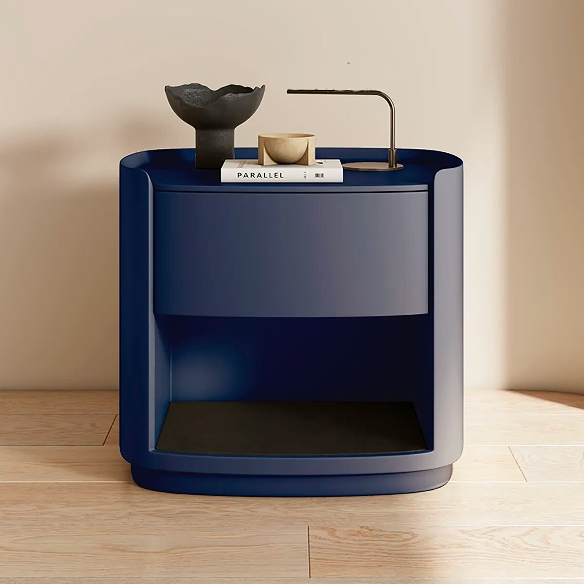 Тумбочка прикроватная с одним ящиком в современном стиле обитая экокожей Nomi 50 см (синий)