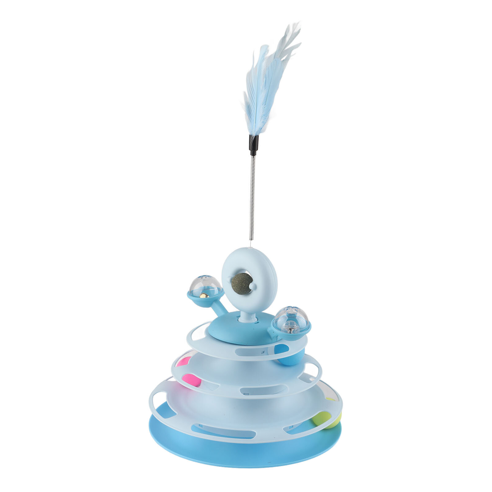 Игрушка-башня для кошек с мячами, перьями и кошачьей мятой, 4-слойная, с вращающимися рельсами, для игр и тренировок питомца, синяя.