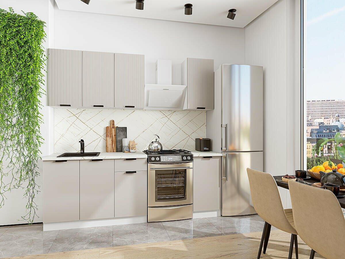 Кухня модульная прямая без столешницы МДФ фасады, ЛДСП корпус, матовая 1,4 метра Евро Лайн-06 Готовый кухонный гарнитур 2140*1400*600 Агат