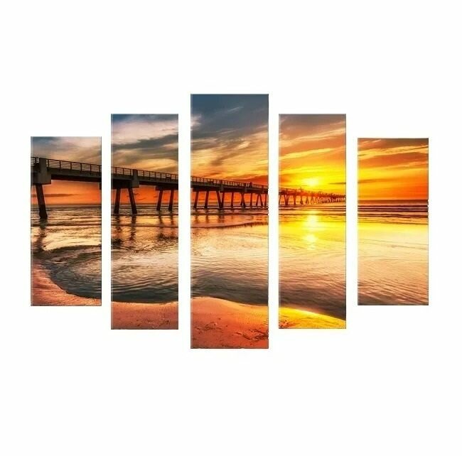 Modul007 Картина модульная на стену для интерьера 140х80 см из 5 модулей "Закат над мостом" декор комнаты на подрамнике