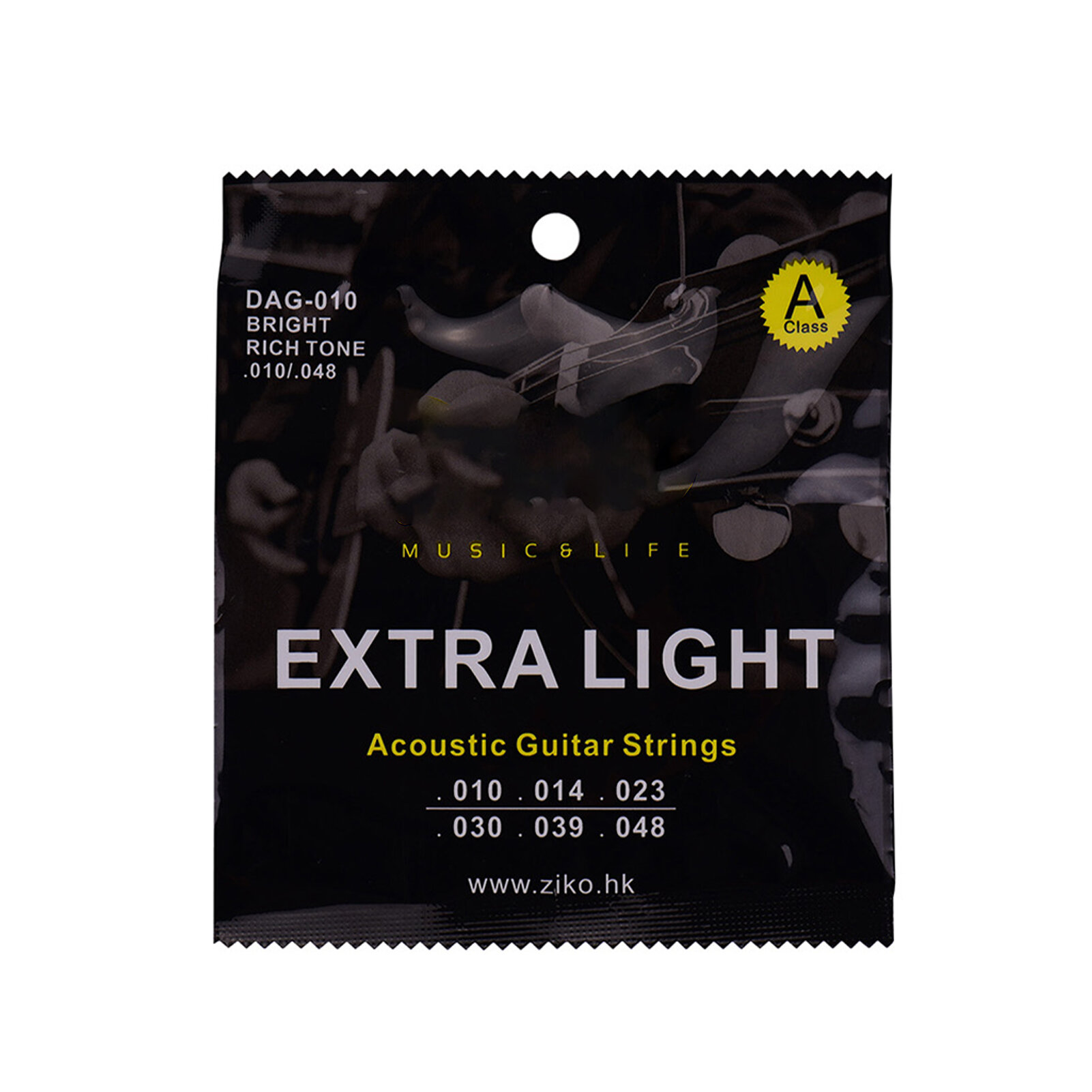 Струны для акустической гитары ZIKO DAG-010 Extra Light, высокоуглеродистая стальная сердцевина, латунная обмотка, коррозионностойкие, комплект из 6 штук, идеально подходят для начинающих и ежедневных тренировок.