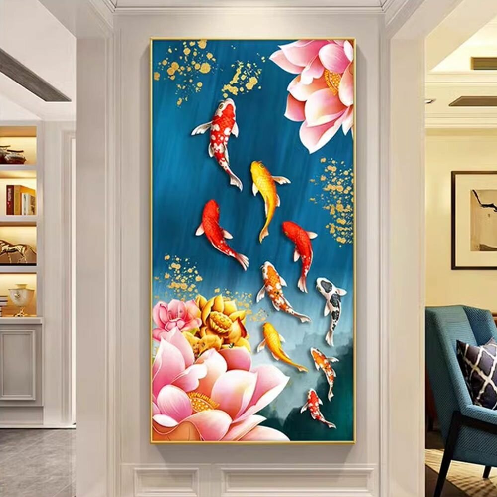 Набор для вышивания крестом, вышивка крестиком Вертикальный лотос с девятью рыбками, 11CT 70x120cm, полная зашивка, LYTOOMOY (без подрамника, без рамки)