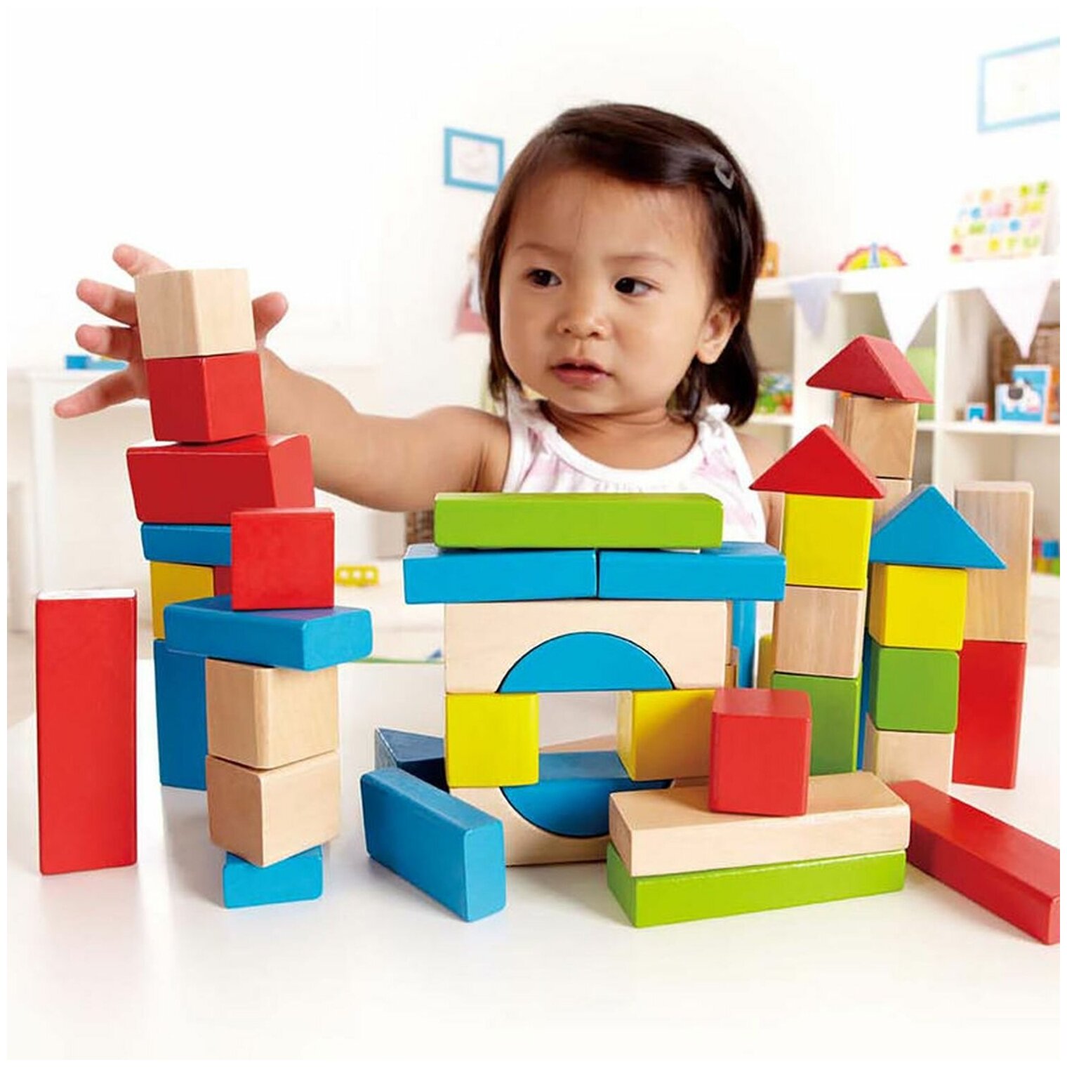 Конструктор деревянный Hape цветной 50 элементов с мешком для хранения E0409_HP