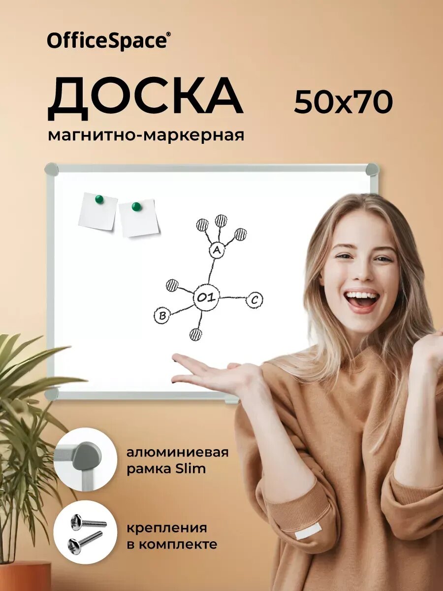 Магнитная доска для заметок и рисования 50х70 см школьная