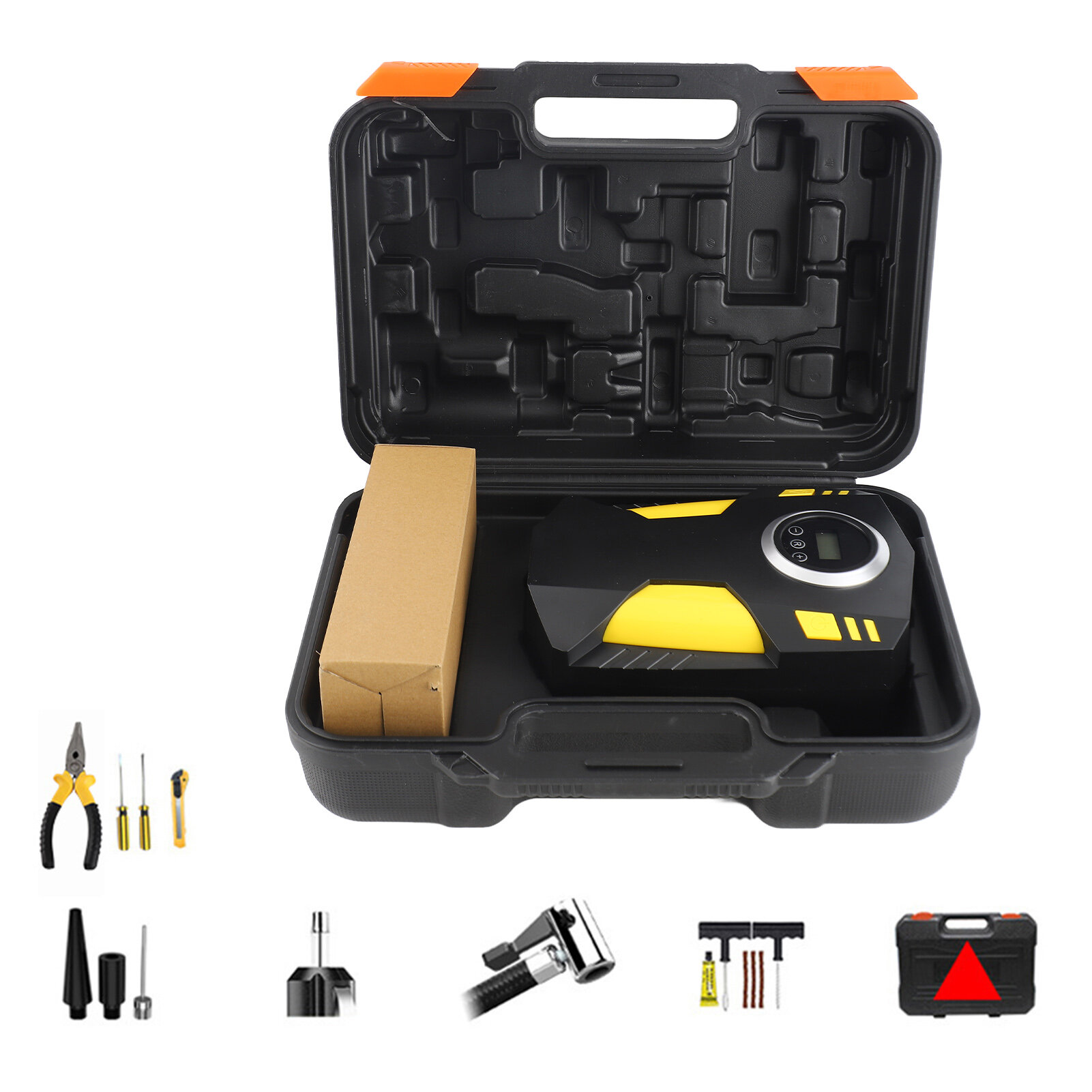 Портативный воздушный компрессор для накачивания шин, работающий от аккумулятора, с 3 насадками, 12 В, автомобильный электрический светодиодный фонарь, подходит для мотоциклов, велосипедов и мячей.