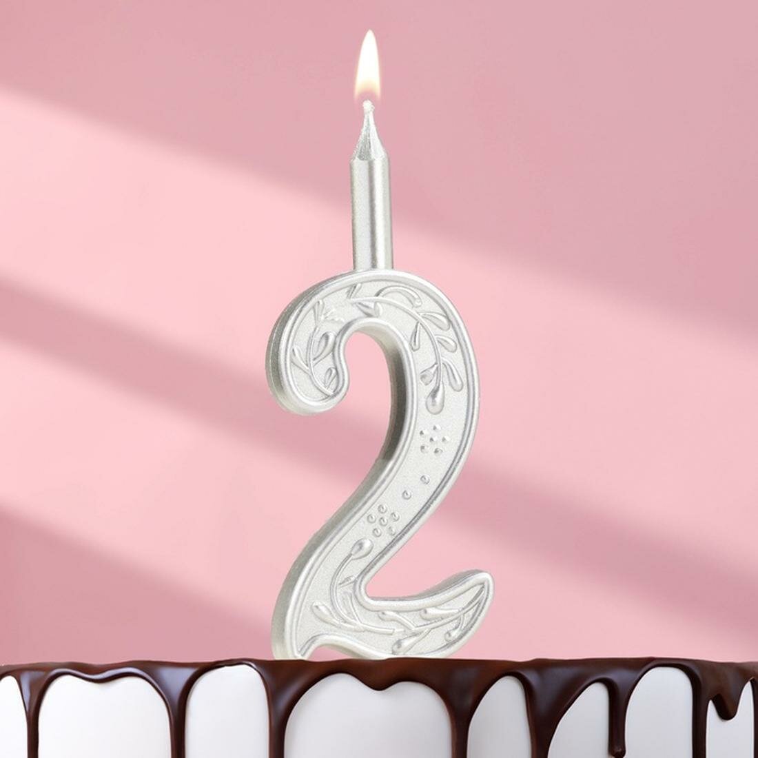 Свеча для торта Страна Карнавалия «Серебряный узор», цифра 2, серебро