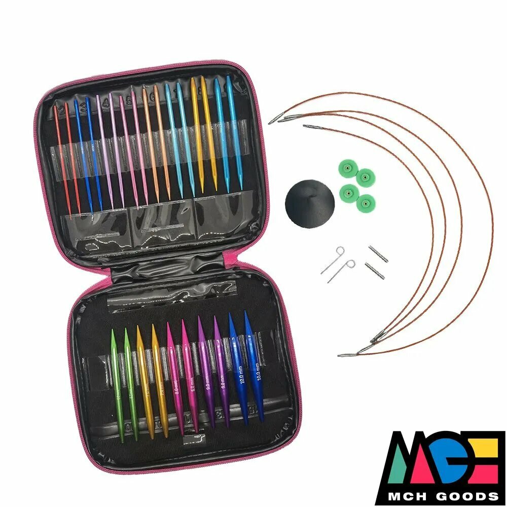 Набор спицы для вязания круговые укороченных съемные, 13 пар (3 3.25 3.5 3.75 4 4.5 5 5.5 6 7 8 9 10 мм), 4 тросика (32 38 42.5 50 см)