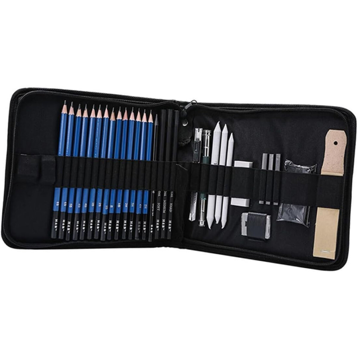 Набор карандашей для рисования 37 шт, размер 20.4 x 28 x 3.3 см, цвет Как показано, для художников, со складным сумкой, включает 4H, 3H, 2H, HB, B, 2B, 3B, 4B, 5B, 6B, 8B, 10B, 12B, мягкий, средний, твердый карандаши, 6B графитовый карандаш, маркер для