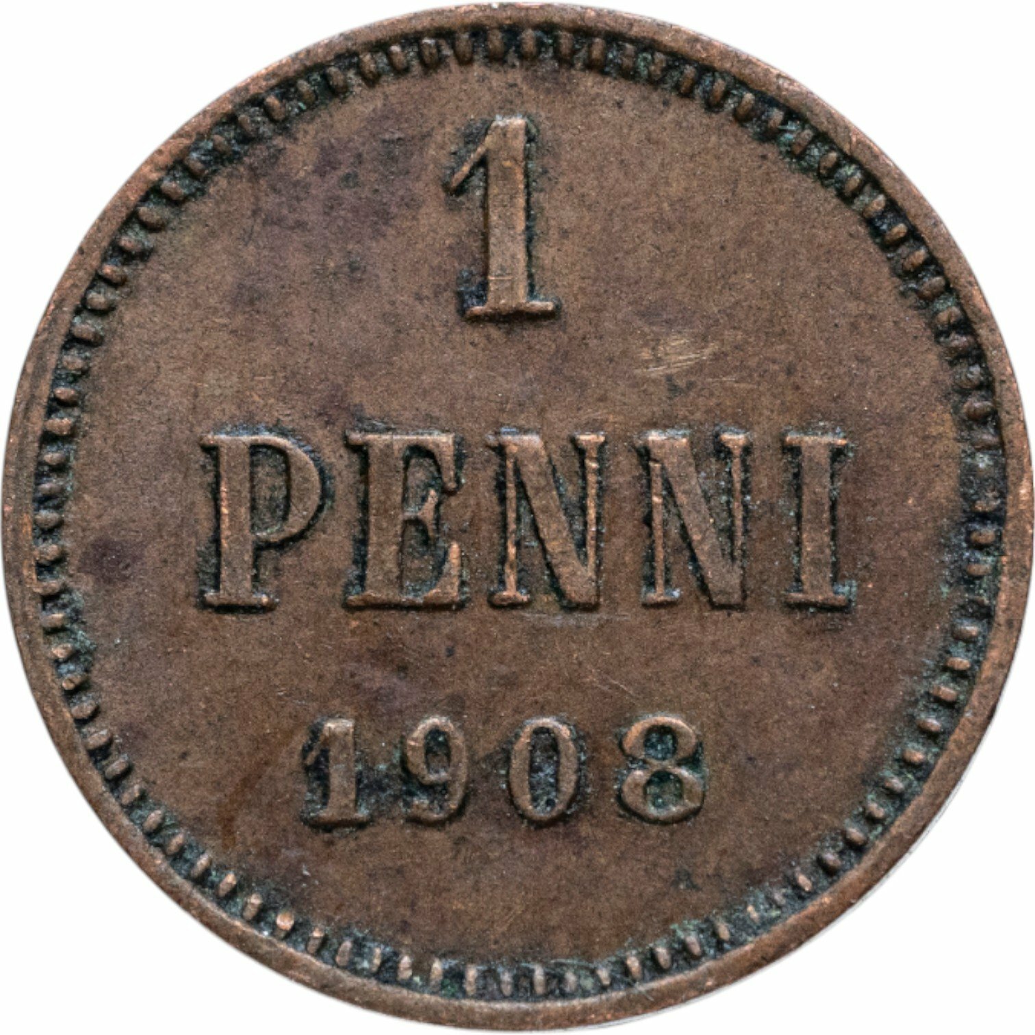 1 пенни penny 1908, монета для Финляндии, Медь, в сохранности XF