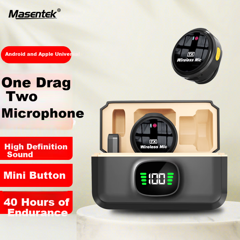 Masentek Q8 Wireless Lavalier Microphone for TikTok Live Streaming Online Classes Mic Recorder One Drag Two Button Type-C Apple Universal for Android Phone