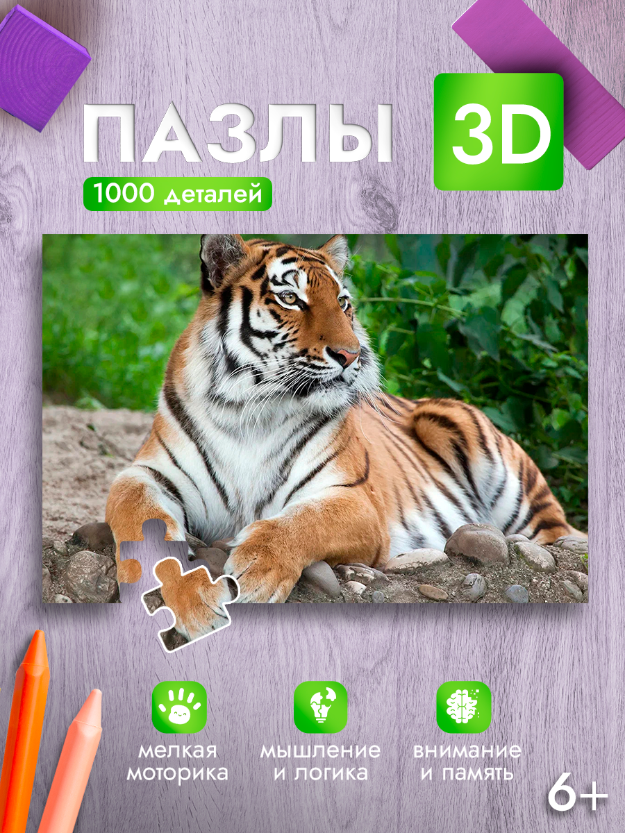 Стерео-пазл Prime 3D "Тигр" 1000 деталей, с эффектом объёмного изображения, 61х46 см, для детей 6+