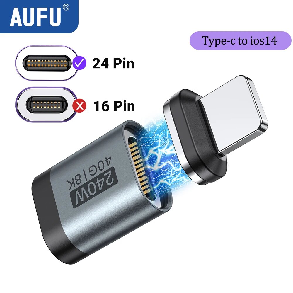 Магнитный адаптер AUFU 240 Вт USB C для быстрой зарядки типа C к разъему USB4 40 Гбит/с 8K60 Гц для Thunderbolt 4 3 iPhone16 Macbook 24pin Adapter for iP