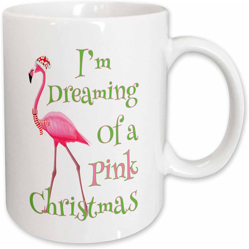 Забавная рождественская кружка «Розовый фламинго» 350 мл – «Мечтаю о розовом Рождестве» – керамическая праздничная чашка, 8,2 x 9,5 см, идеальный подарок для любителей Рождества