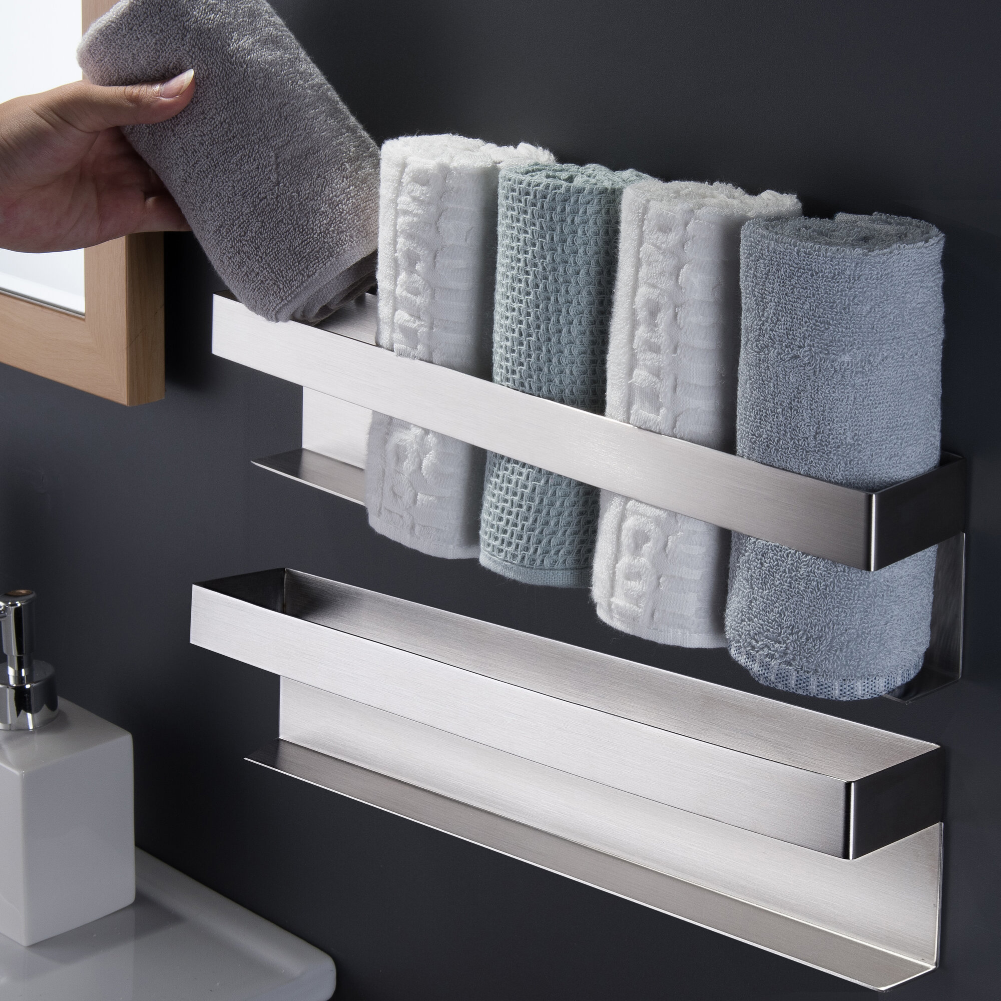 Держатель для полотенец из нержавеющей стали. Серебро. Сверление не требуется.