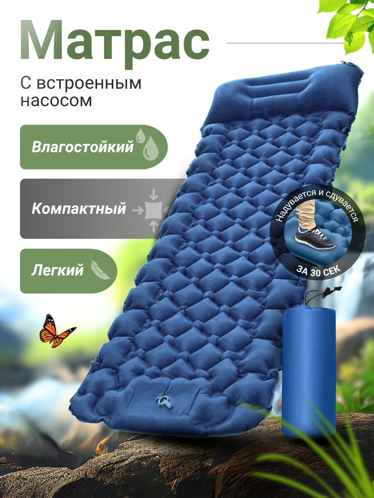 Коврик надувной туристический, пенка, каремат, матрас