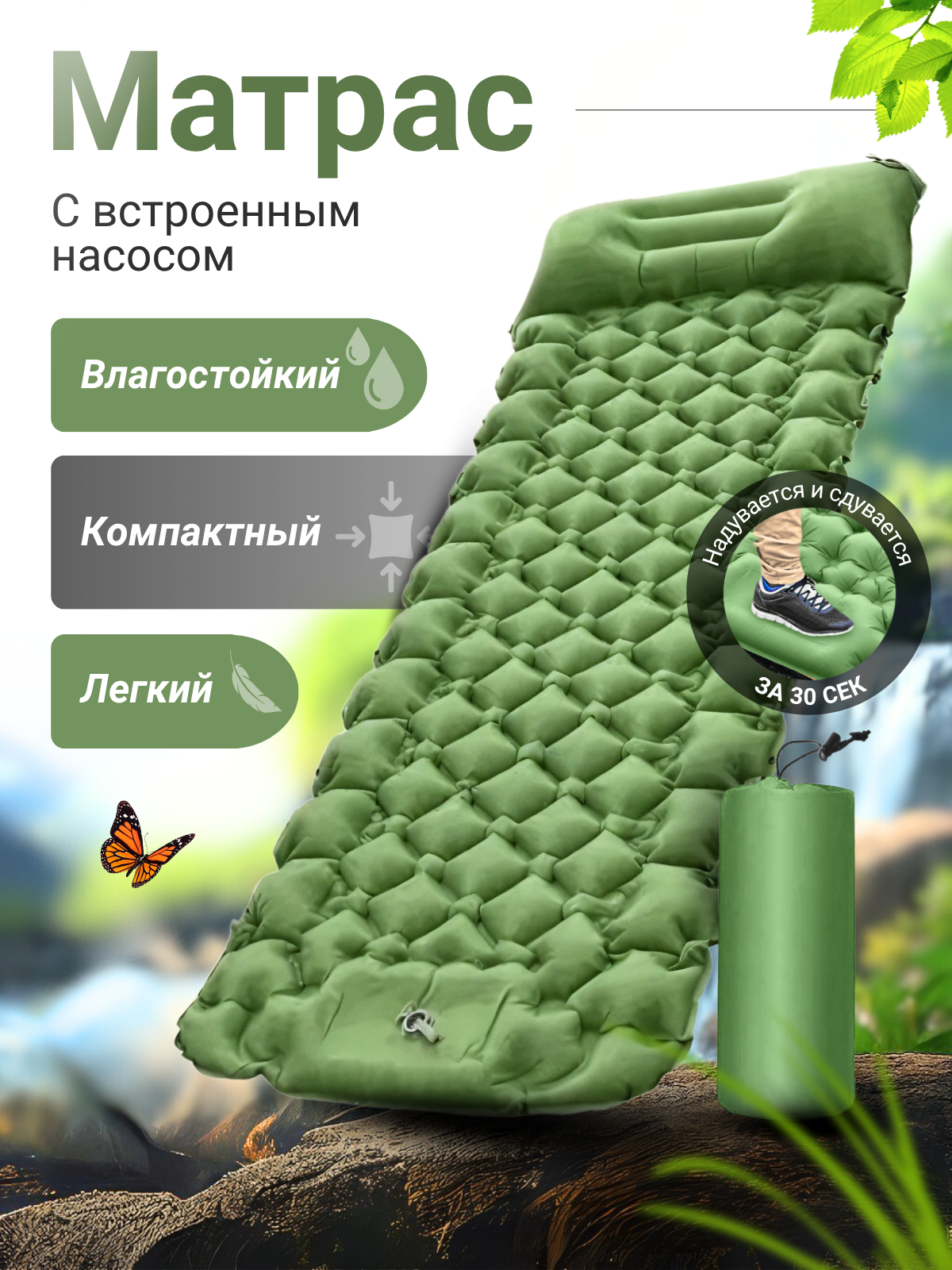 Коврик надувной туристический, пенка, каремат, матрас