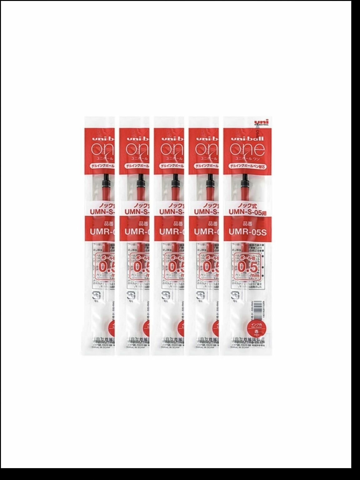 Сменный стержень Uni UMR-05S с красными чернилами 0.5 мм, 5 штук, для ручек Uni-Ball One P, UMN-SP-05, UMN-S-05, UMN-SF-05