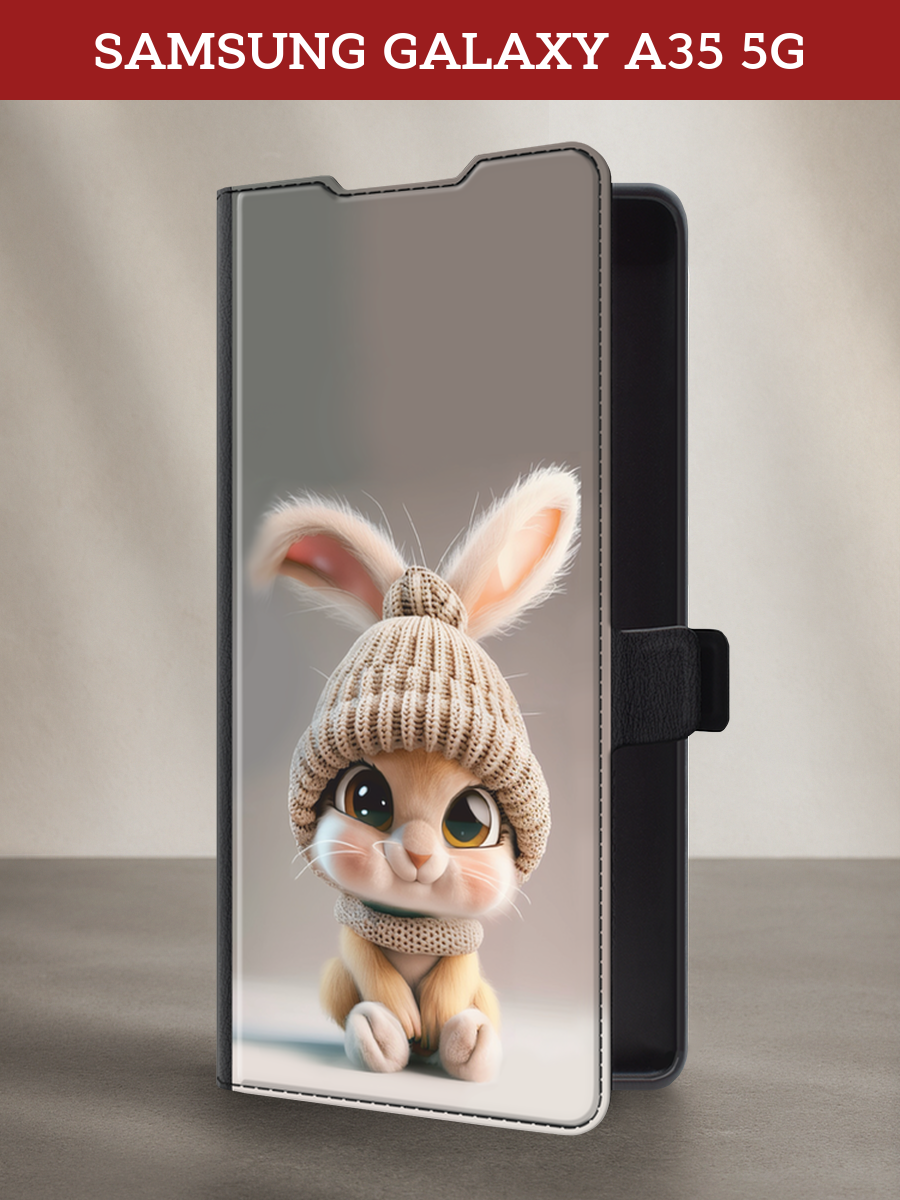 Чехол-книжка на Samsung Galaxy A35 5G / Самсунг А35 5G с принтом Крольчонок в вязаной шапке, черный