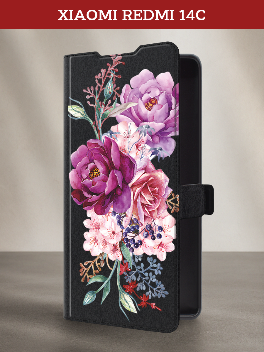 Чехол-книжка на Redmi 14C/Poco C75 4G/Redmi A4 5G / Редми 14С/Поко С75 4G/Редми А4 5G с принтом Пурпурные бутоны, черный