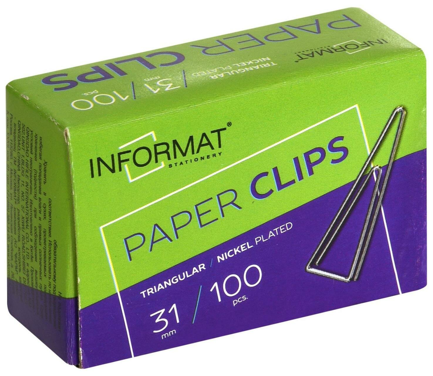 Скрепки INFORMAT 31 мм 100 шт, никелированные треугольные загнутые, картонная упаковка
