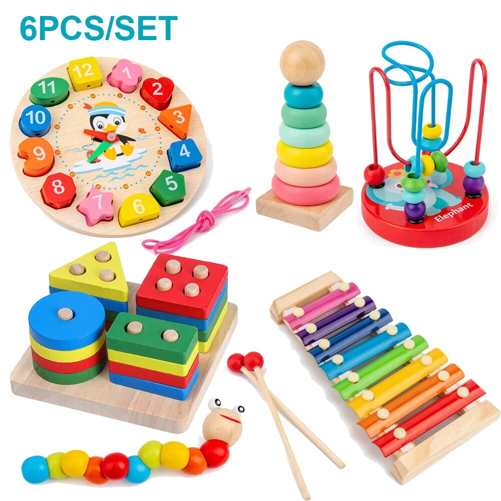 Деревянный набор Монтессори 6 предметов, цвет 1set 6pcs