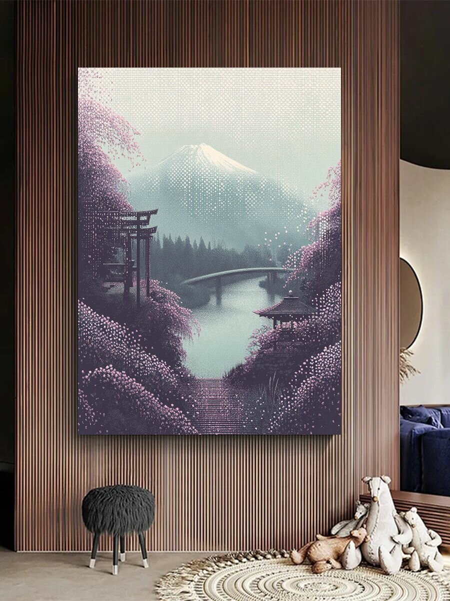 Картина на стену для интерьера - "Пейзаж в японском стиле / гора Фудзи и сакура" , 20х30 см.