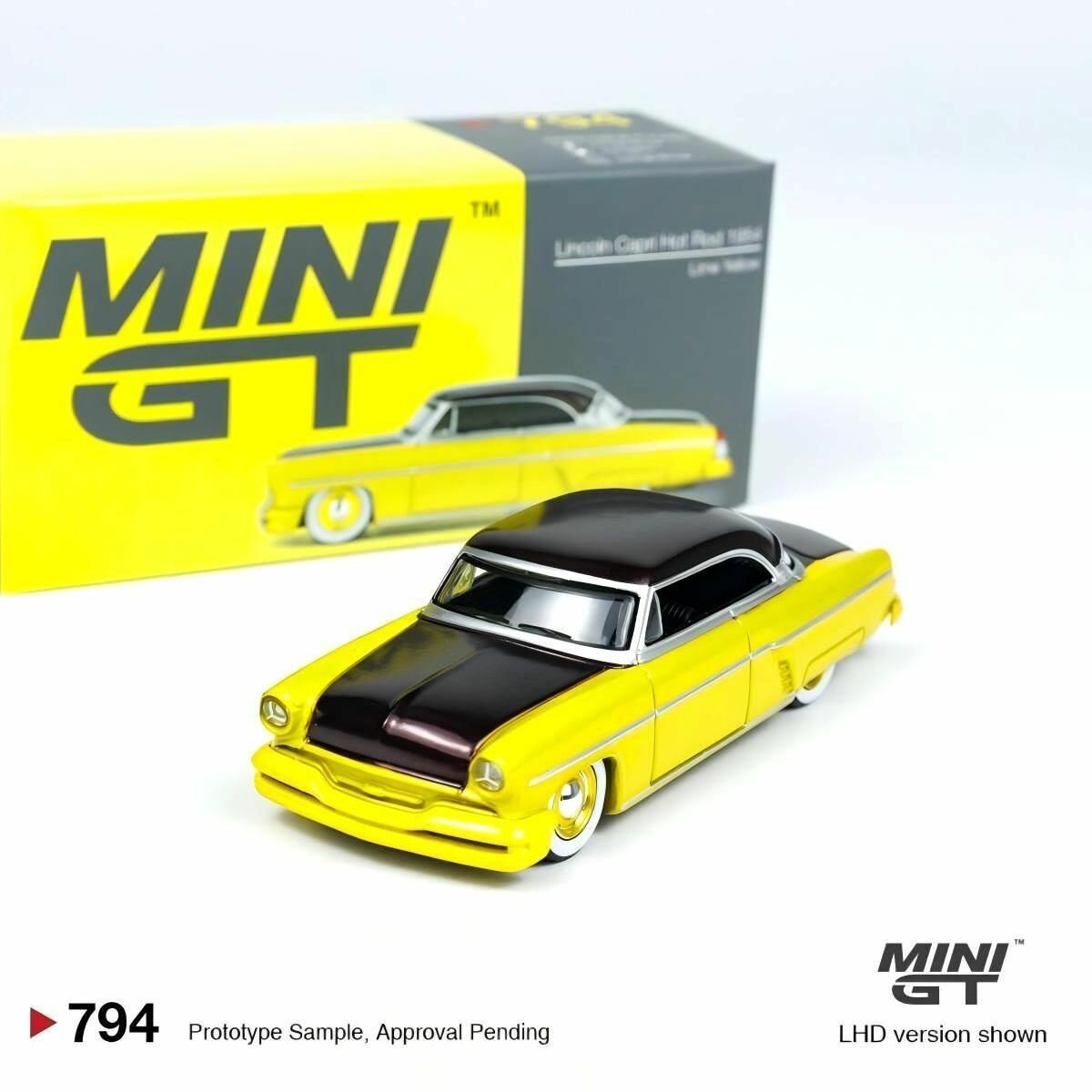 Машинка TSM Mini GT 1/64 #794 Lincoln Capri Hot Rod 1954 Lime Yellow Модель автомобиля из сплава Коллекция подарк игрушк