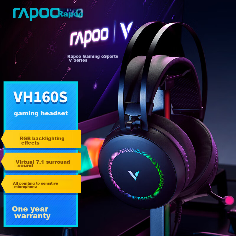 Rapoo VH160S Wired Headset, Virtual 7.1 Channel Gaming, USB Computer Headphones, Over-Ear Stereo Surround Sound, Black