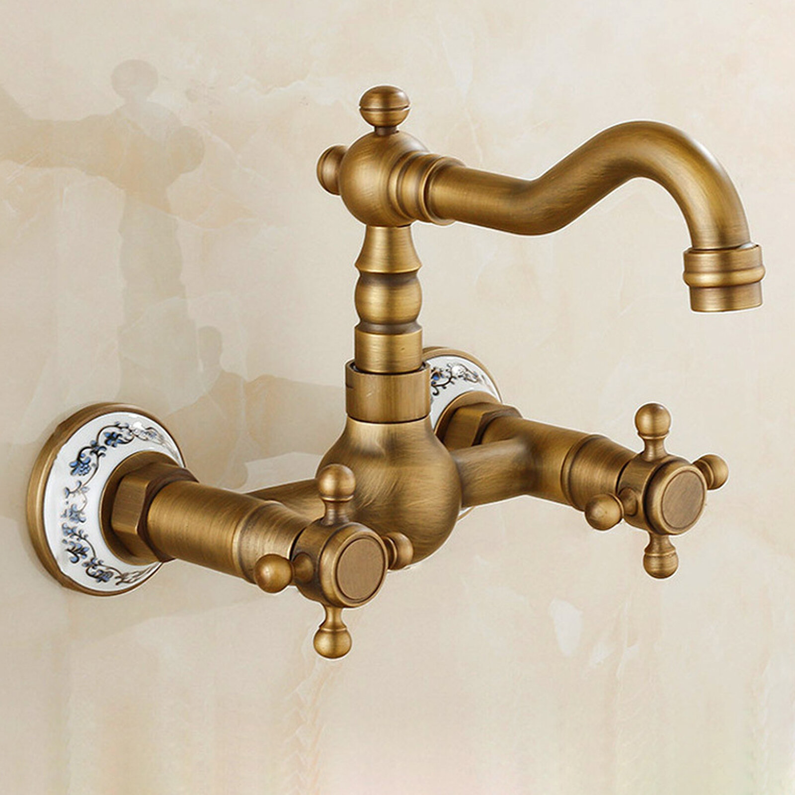 Ретро керамика медный смеситель для ванны, настенный смеситель для ванной комнаты, смеситель для ванны с горячей и холодной водой с двойной ручкой латунь