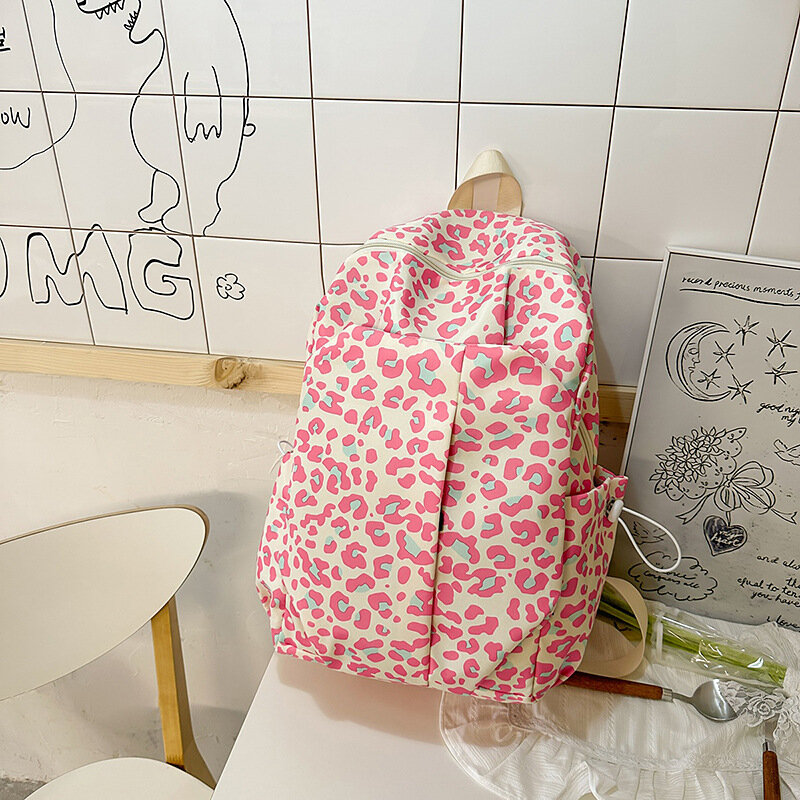 Рюкзак Ins Wind Niche, для девочек, розовый, леопардовый принт, большой, школьный