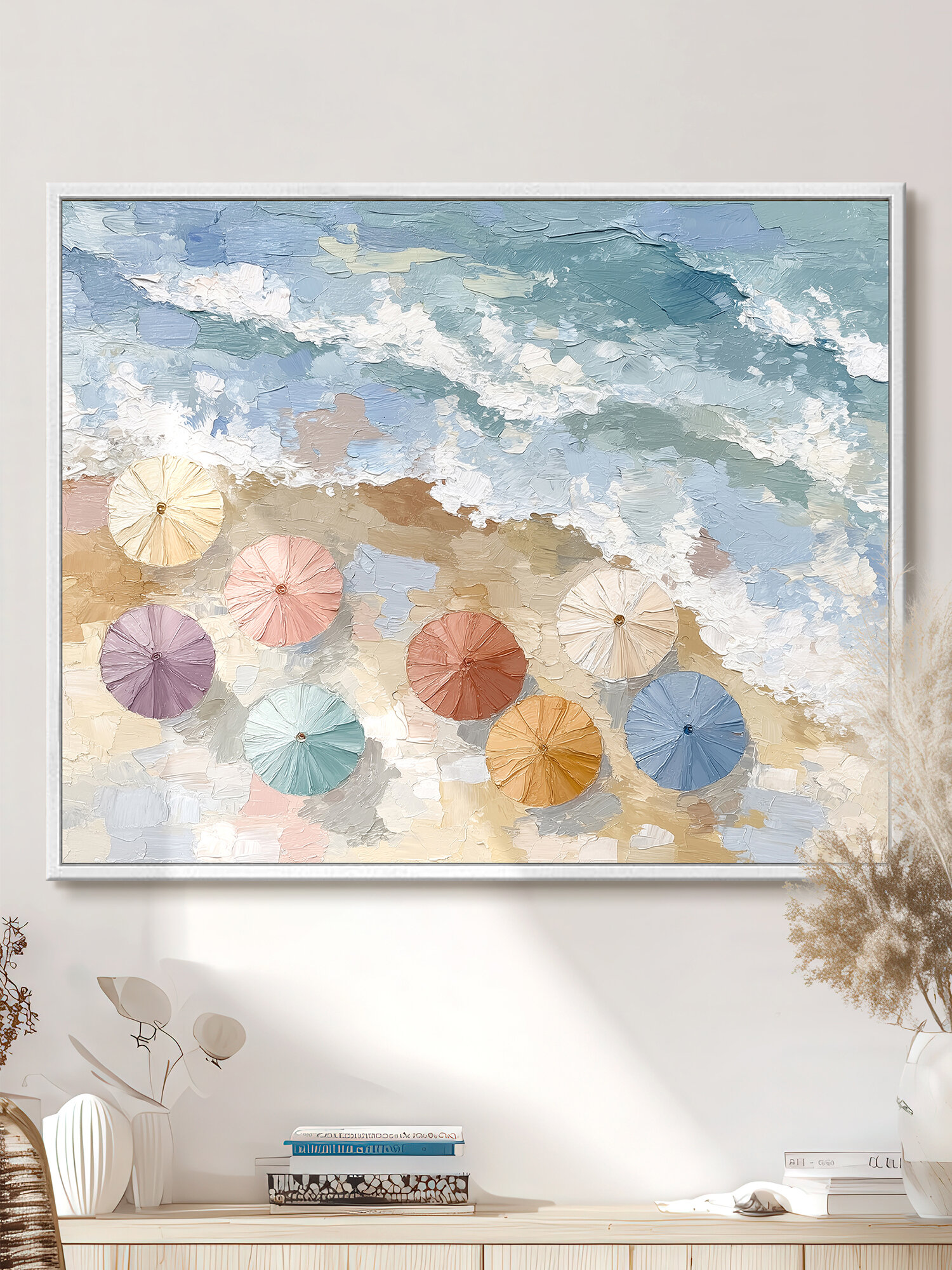 Картина "цветной пляж" 53х43 см — интерьерная картина в раме, горизонтальная, на бумаге, море, пейзаж, Арт Хаус