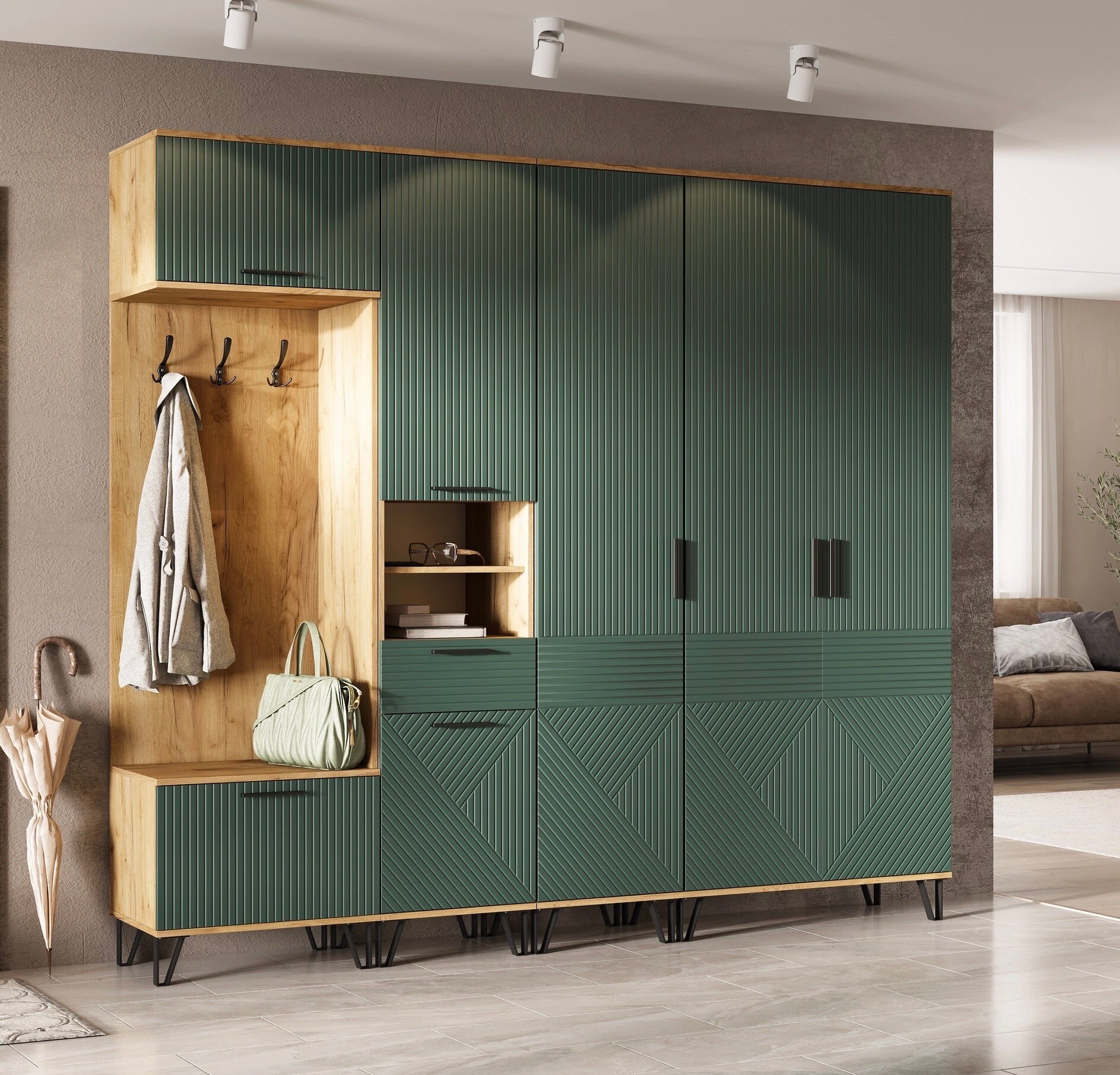 Прихожая Флэш. 2.4 метра. Дуб крафт золотой/зеленый. Модульная