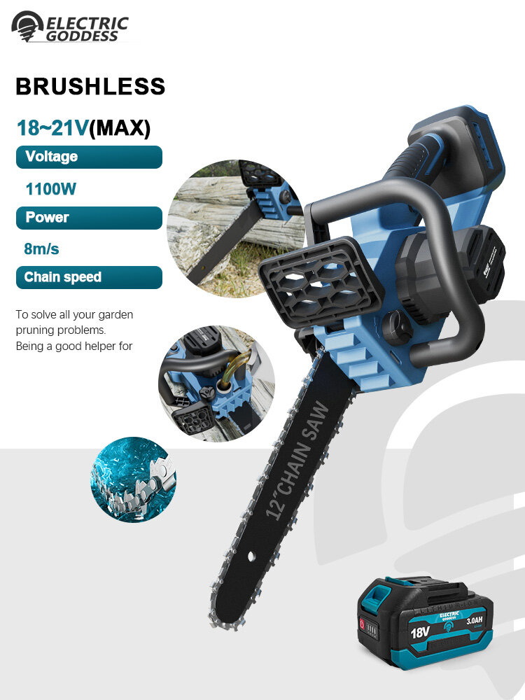 Бензопила 12 Дюймов, Одна Батарея, Бесконечно Изменяемая Скорость Регулировки, Смазка.