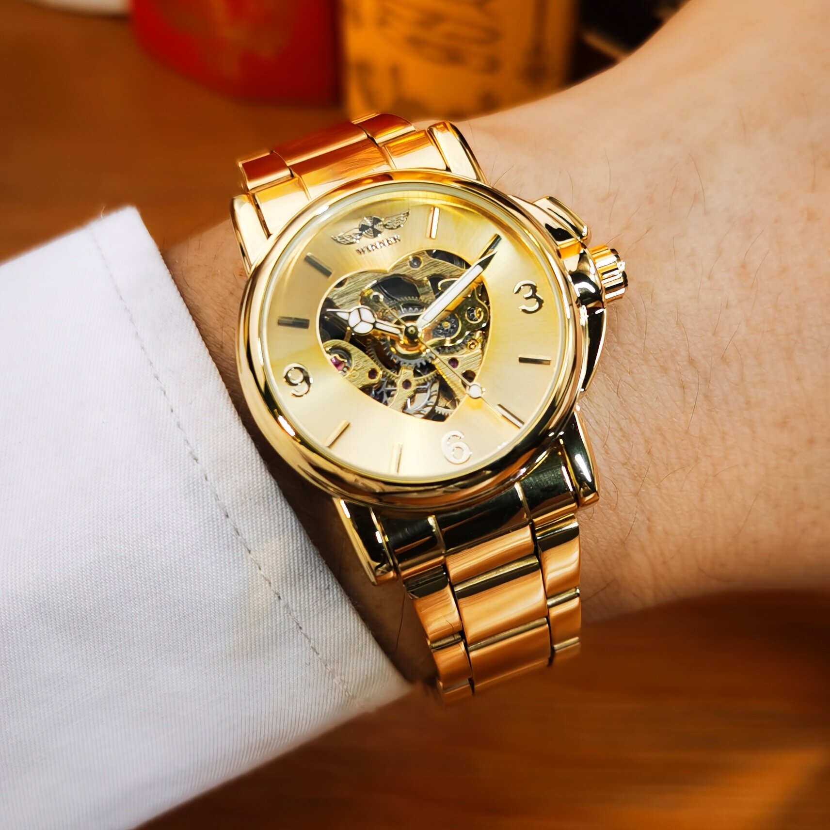 1 шт. T-WINNER Элегантные королевские золотые скелетонные автоматические механические часы для женщин - светящиеся стрелки, циферблат в форме сердца, роскошный браслет из нержавеющей стали