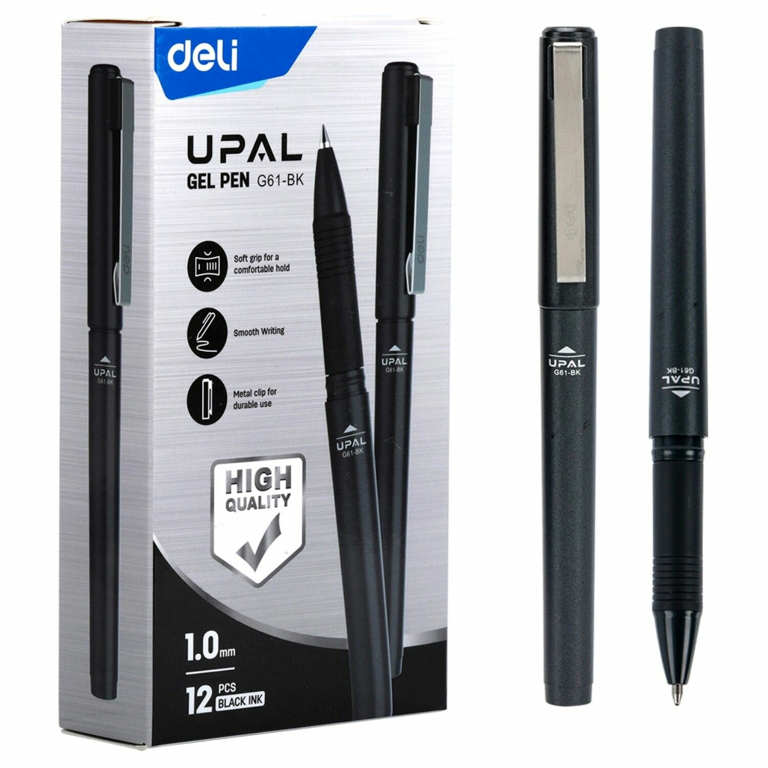 Ручка гелевая Deli Upal 1 мм черная, корп. черный. Комплект из 12 ручек