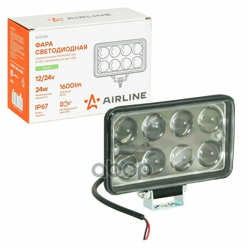 Фара светодиод. прямоуг. 8LED направл. свет (4D линза) 24Вт 151x90x52мм 12/24В PLUS (ALED126) AIRLINE арт. aled126
