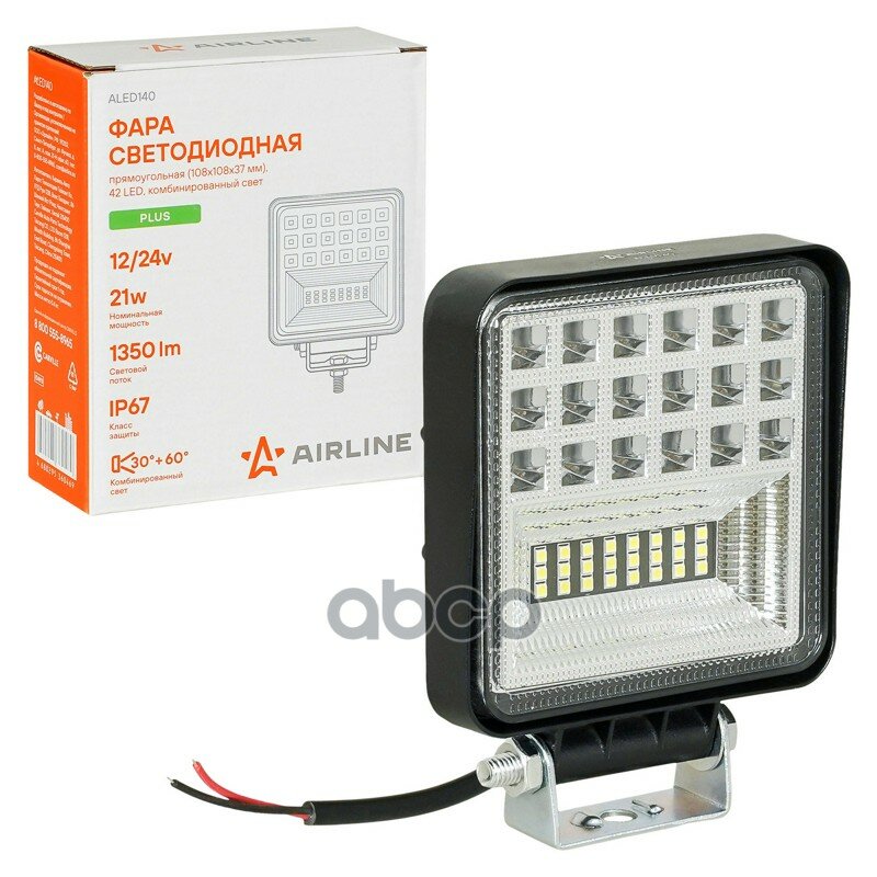 Фара светодиодная квадратная, 42LED, комбинированный свет, 21Вт, 108х108х37мм, 12/24, PLUS AIRLINE арт. ALED140