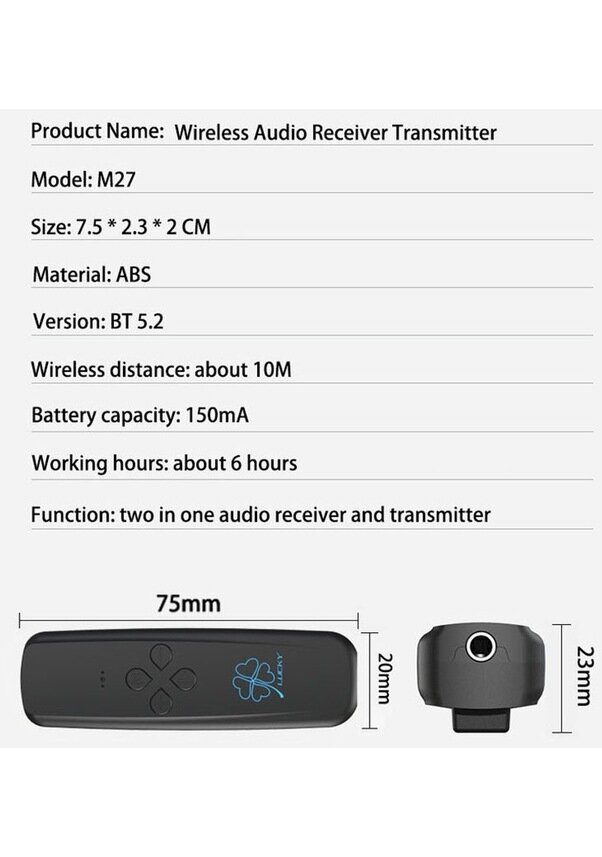 Автомобильный беспроводной аудиоадаптер M27 2-в-1, передатчик-приемник Bluetooth 5.2 с аудиокабелем 3,5 мм для телевизора, компьютера, динамика