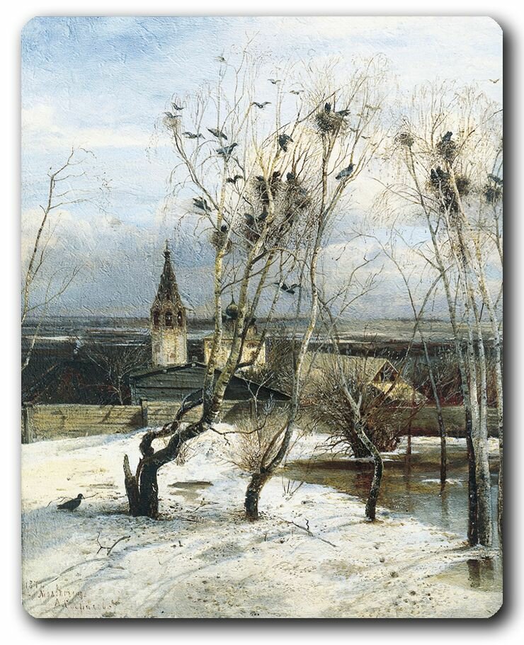 Репродукция/Картина/Саврасов "Грачи прилетели"/Интерьерная фреска на доске/30х24см