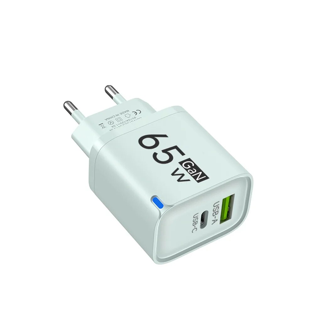 Быстрое зарядное устройство 65 Вт, 2-портовое зарядное устройство PD USB Type C, адаптер EU Green