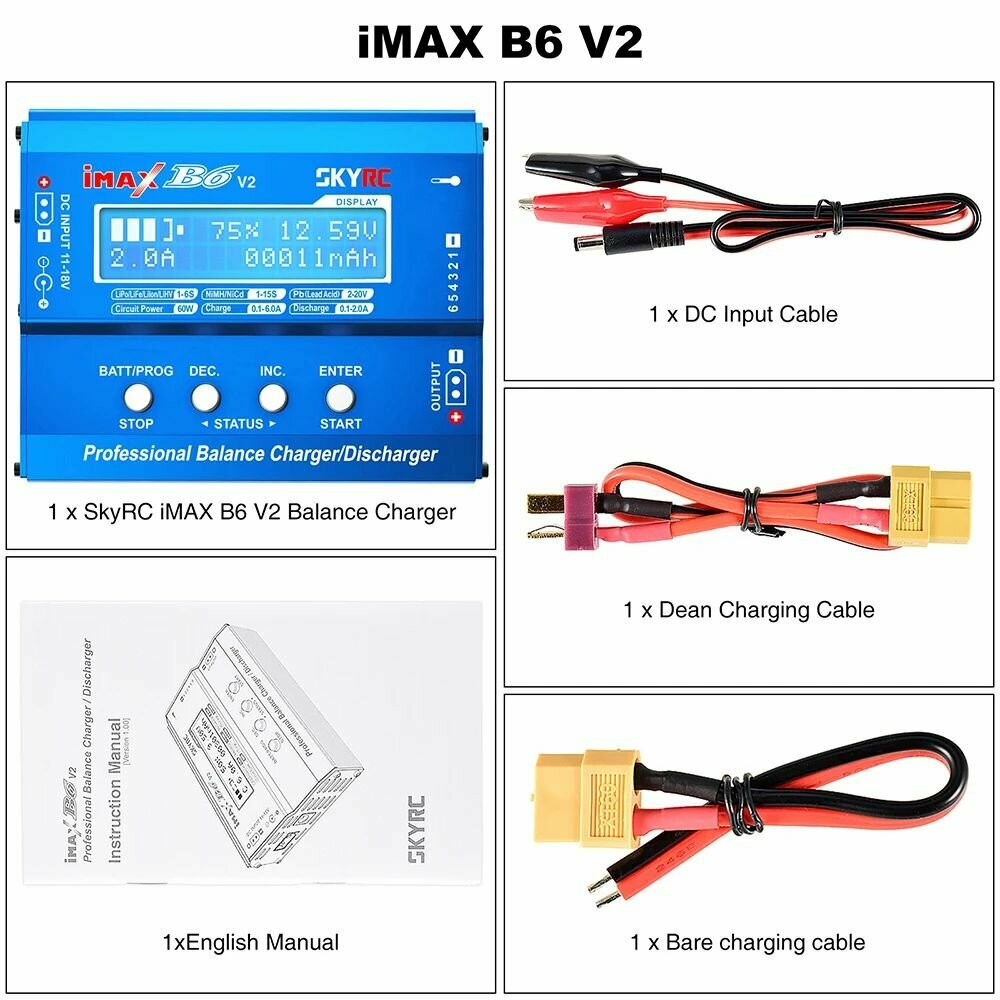 Зарядное устройство SKYRC IMAX B6 V2 60W для аккумуляторов Li-ion, NiMH, NiCD, LiHV и Pb — балансировка и разряд