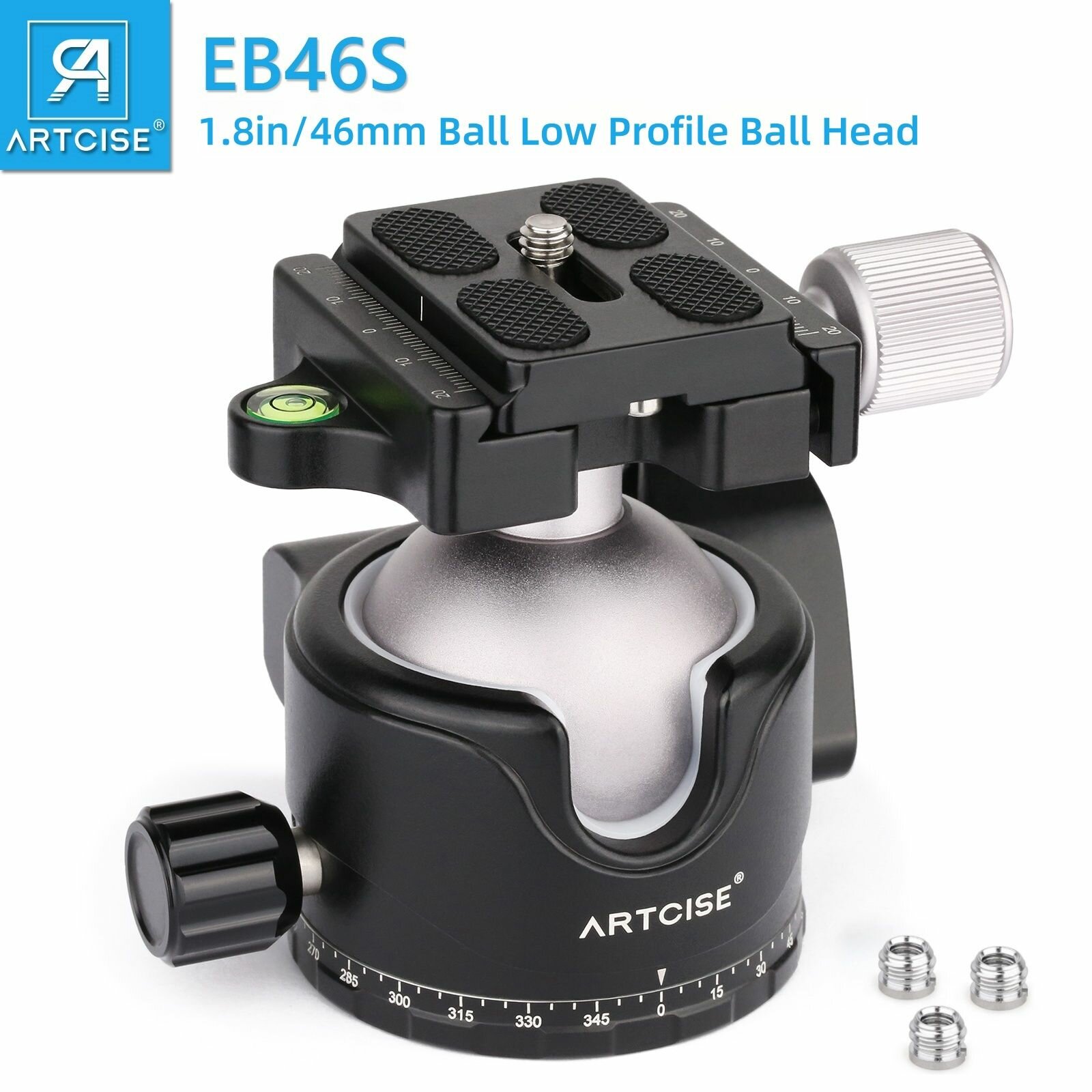 Панорамный переходник для крепления штатива с шаровой головкой, 46 мм, с 3-винтовым адаптером от 3/8 до 1/4, вращающаяся на 360, Максимальная нагрузка 44 фунта/20 кг.