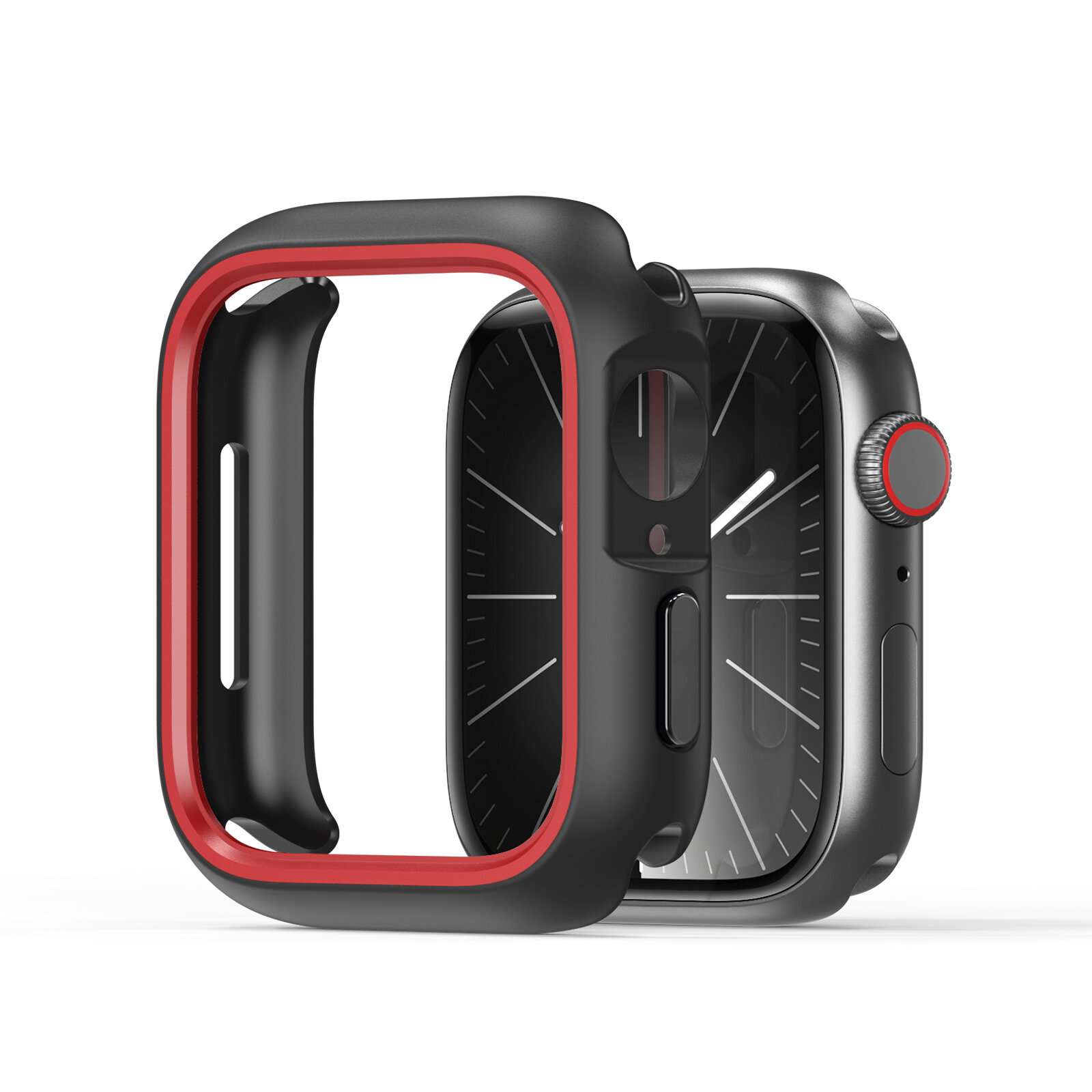 Чехол-бампер для часов Apple Watch 45 мм для моделей 7, 8 и 9 серии, черный с красными вставками (Black/Red) от Dux Ducis, серия Bamo Series Case