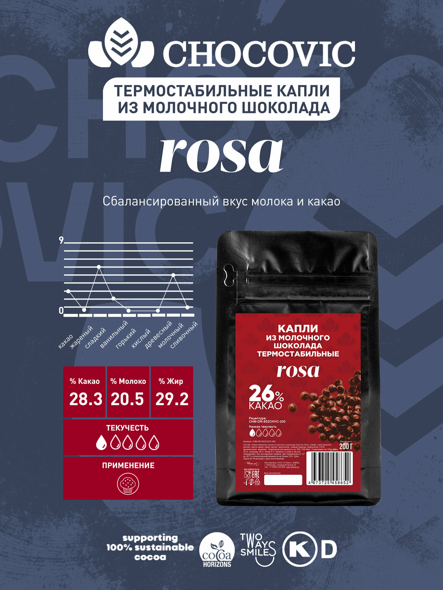 Термостабильные капли из молочного шоколада Rosa Chocovic (Чоковик) 0,2 кг