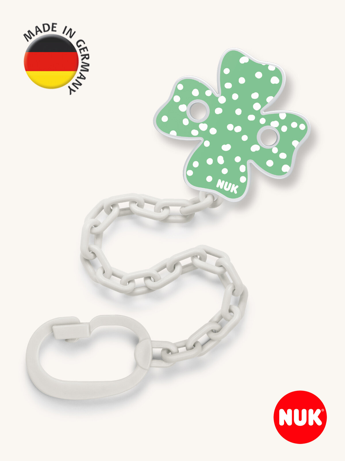 Клипса (держатель) для соски-пустышки с цепочкой, зелёный четырхлистник 0+