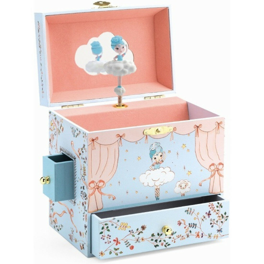 Шкатулка музыкальная "Балерина" DJECO 06591, голубая, замок, 15x10x15см